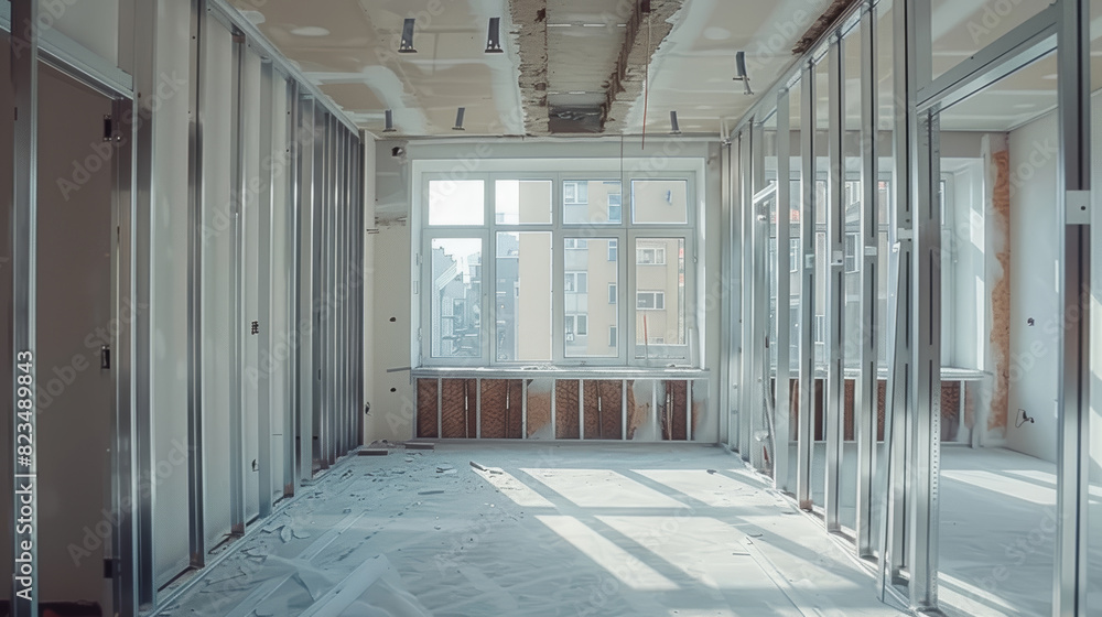 Working process of installing metal frames and plasterboard drywall for ...