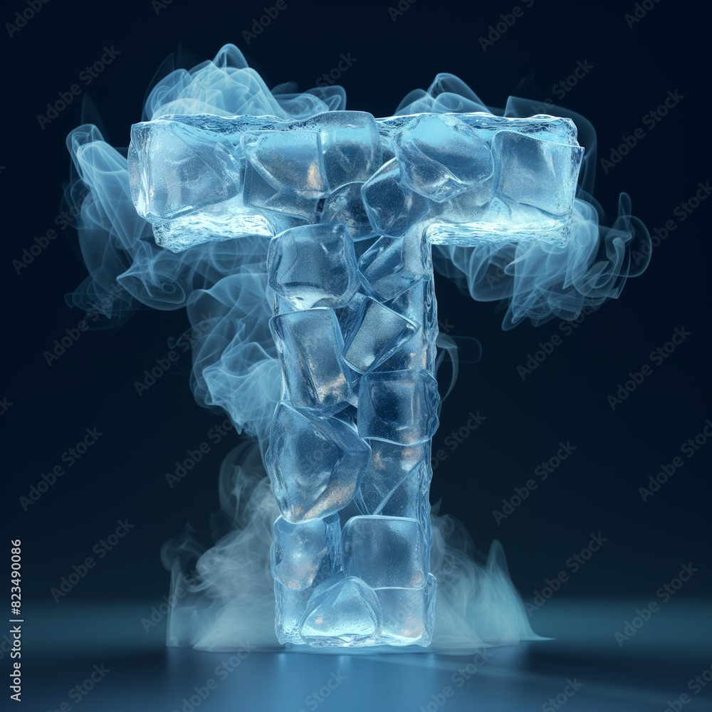 Abstract 3D render letter T made of block of ice on dark blue grey ...