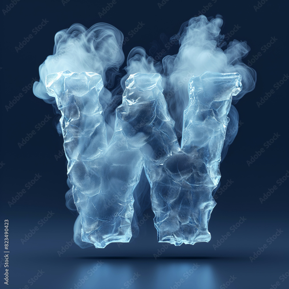Abstract 3D render letter W made of block of ice on dark blue grey ...