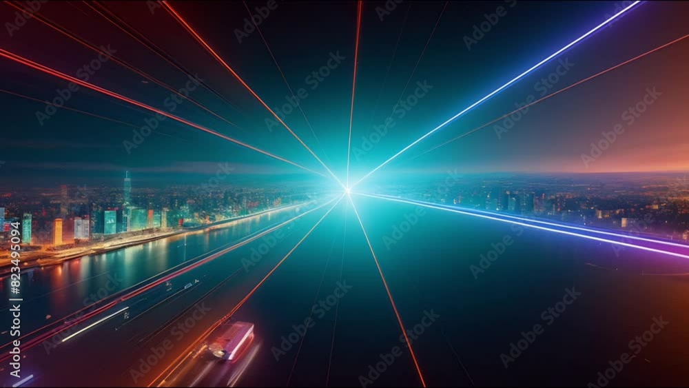 Dynamic cityscape with radiant light beams converging from the horizon ...