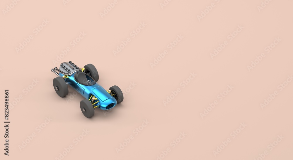vintage blue racing car with yellow accents, gray and chrome engine ...