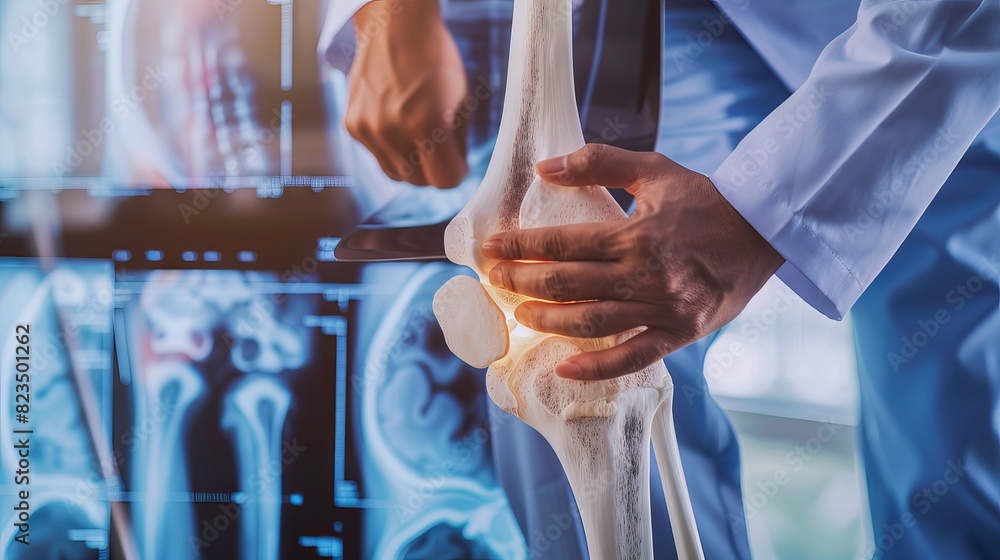 Orthopedic surgeon doctor examining patient's knee joint x-ray films ...