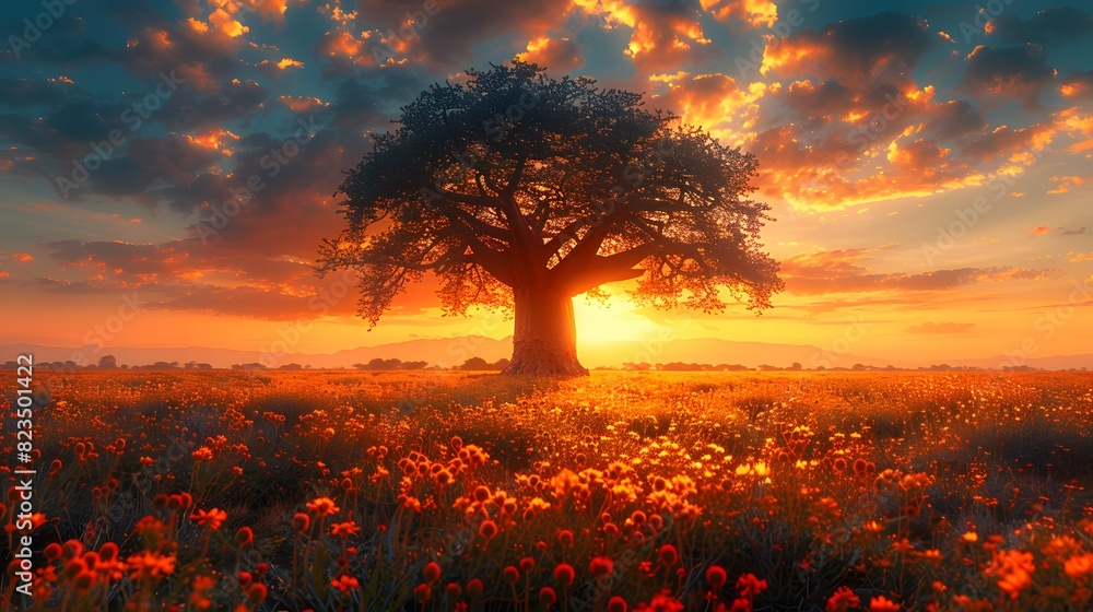 A single baobab tree in a vast African savanna, with a small cluster of ...