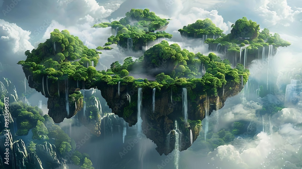 surreal floating islands with waterfalls and lush green vegetation ...
