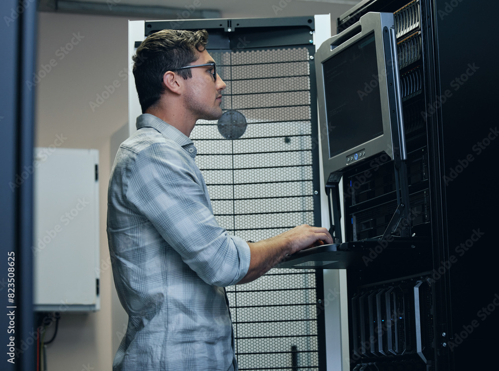 Man, computer and server room with hardware for security, firewall and ...