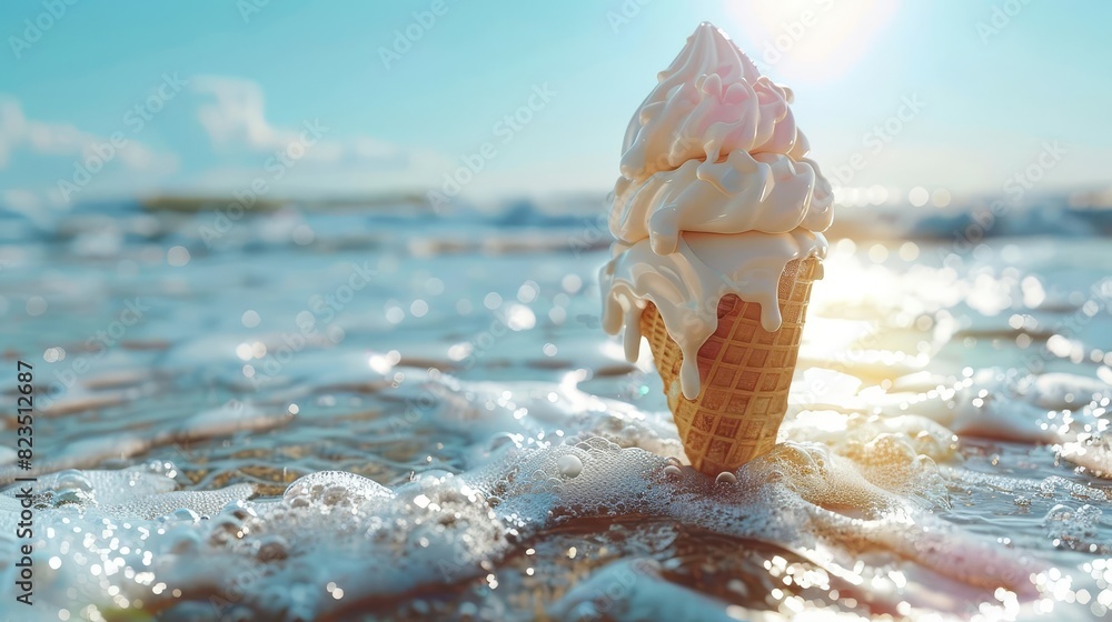 Ice cream cone melting under the sun, summer treat, photorealistic ...