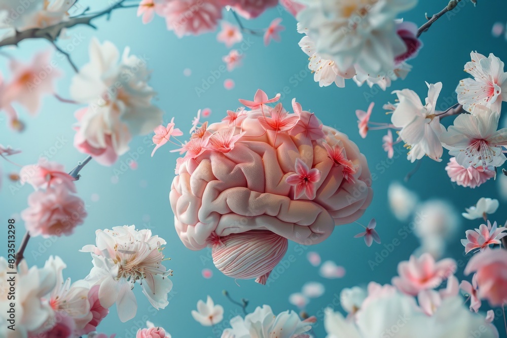Surreal floating brain entangled in vibrant flowering tree branches ...