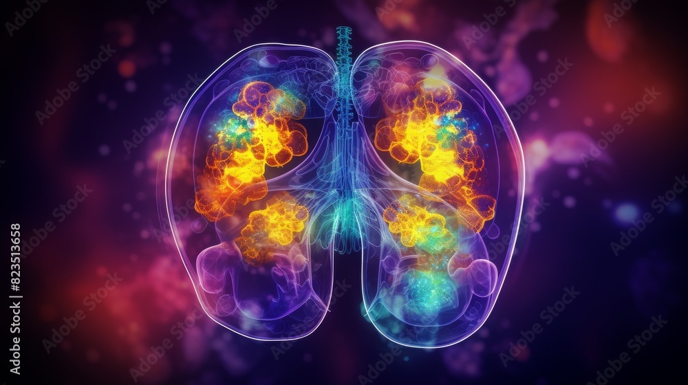 Colorful radiographic image of human lungs with highlighted areas ...