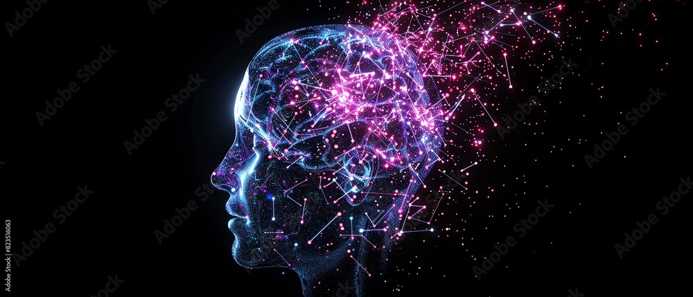 Wine color digital hologram futuristic face neuron link on a neuron ...