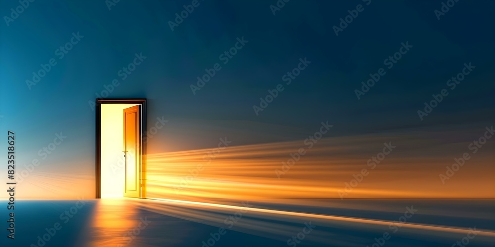 3D rendering of yellow light streaming through open door on blue ...