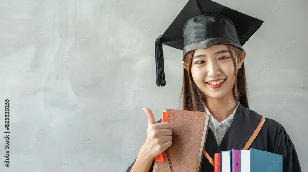 Simple graduation photos of an Asian girl giving a thumbs up It has ...