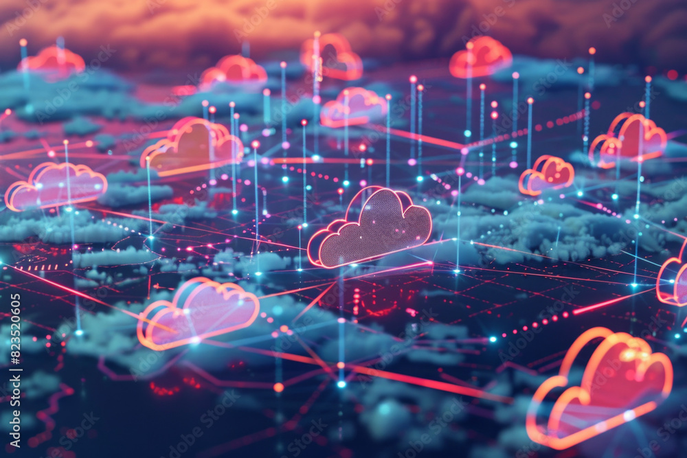 Cloud icons distributed across a global map, connected by high-speed ...