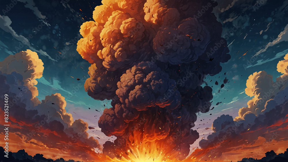 Epic anime style nuclear explosion background, cartoon blast with smoke ...