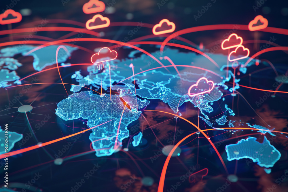 Cloud icons distributed across a global map, connected by high-speed ...