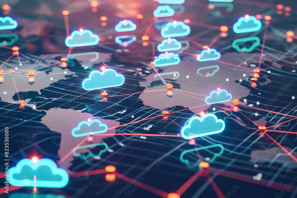 Cloud icons distributed across a global map, connected by high-speed ...