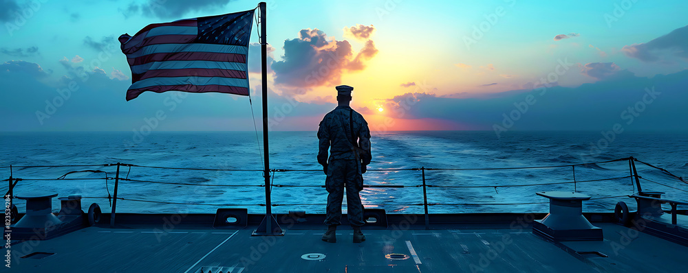 Resolute soldier standing at attention on the deck of a warship, with ...