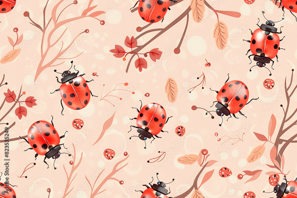 Cute ladybug pattern with red ladybugs and pink foliage on a light ...