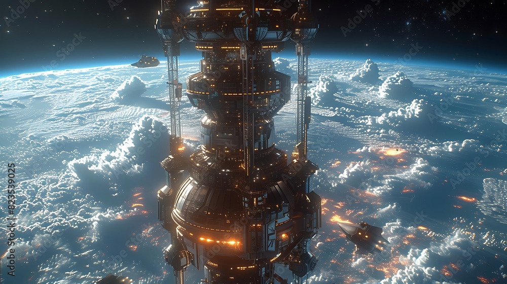 Conceptualize space elevator stretching Earth's surface geostationary ...