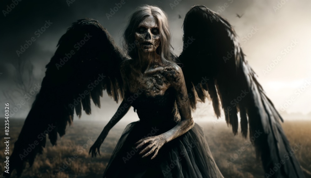 Dark angel, zombie-like, with sunken eyes, tattered wings blending into ...