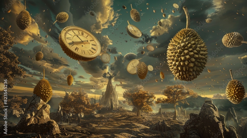 15. Surrealist dreamscape featuring a durian floating in a surreal ...