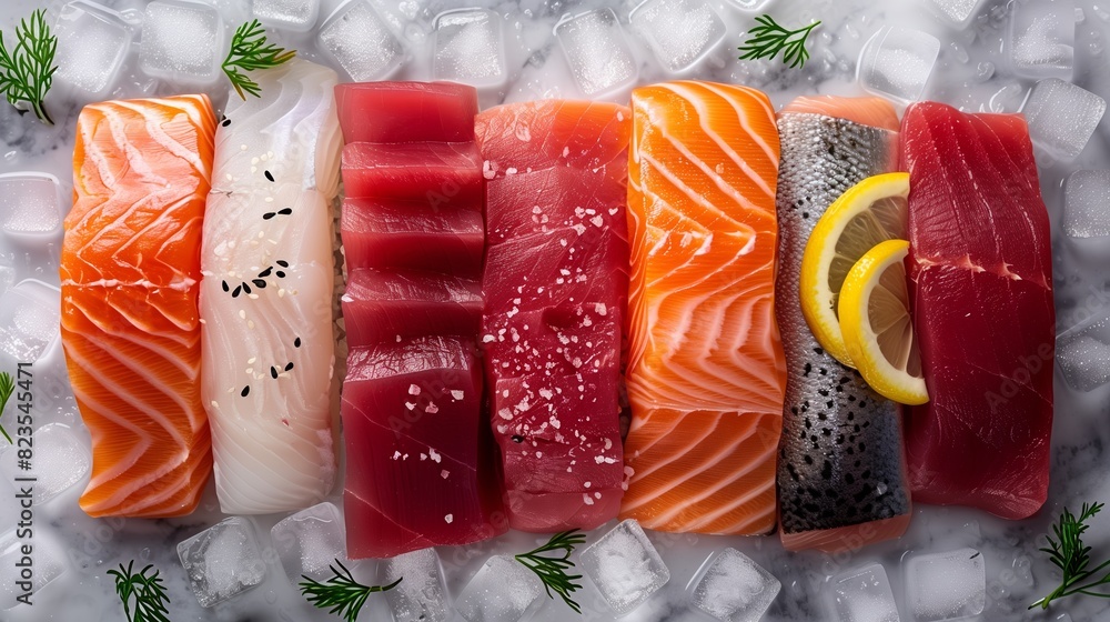 Top view of different types and colors of fish fillets on ice cubes ...