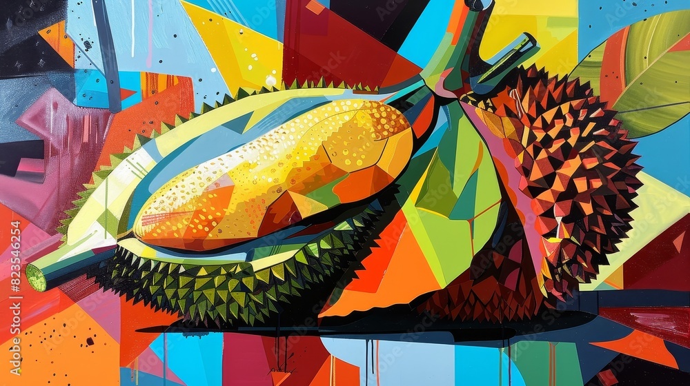 25. Contemporary abstract art piece featuring a durian rendered in bold ...