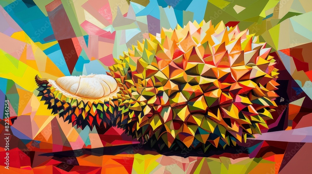 25. Contemporary abstract art piece featuring a durian rendered in bold ...