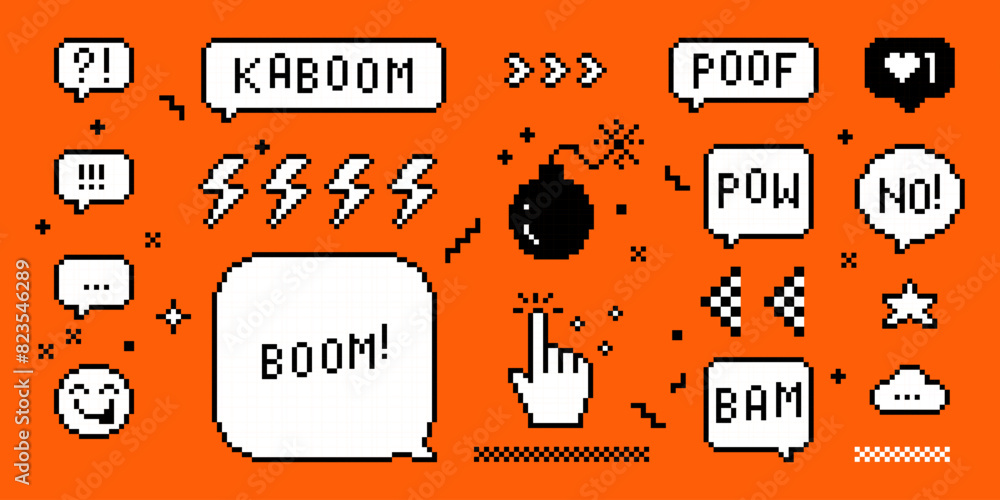 Pxel bomb. Speech bubbles with text boom, pow, bam, kaboom. Set of ...