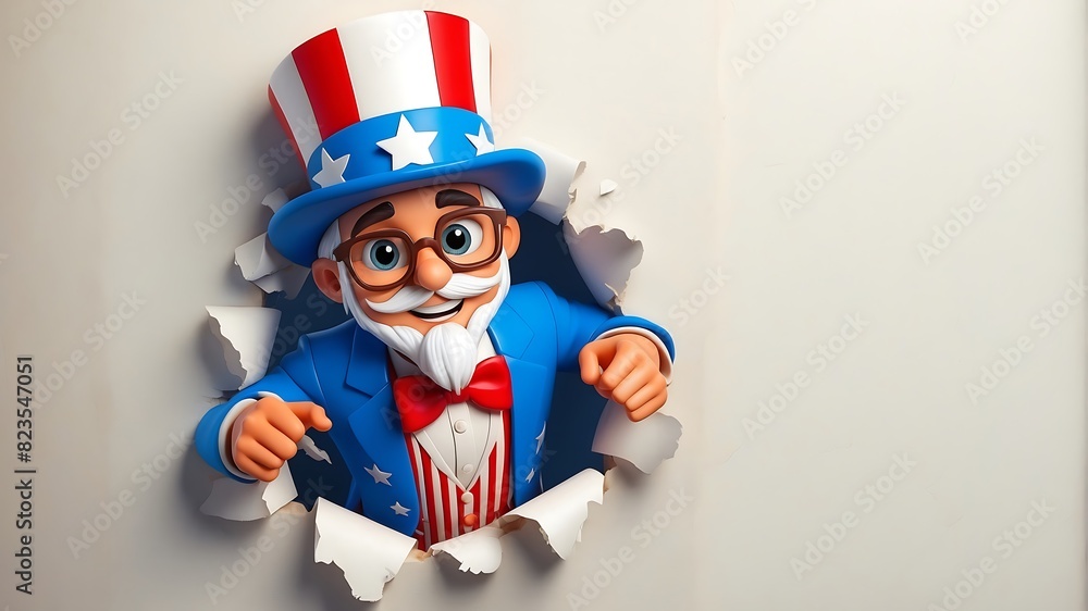 3d cute uncle sam, 4th of July poster peeking out of a hole in the wall ...