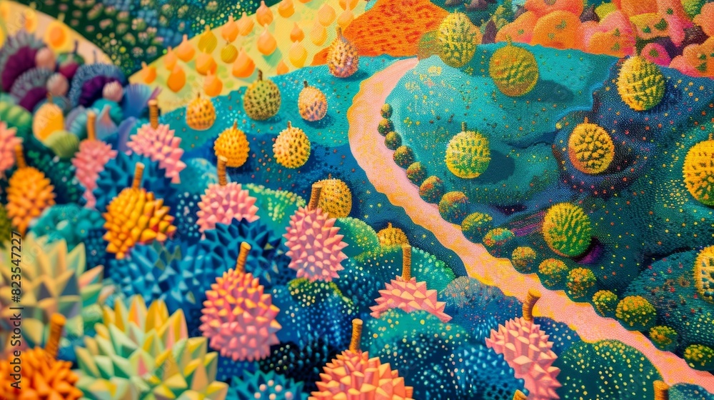 47. Pointillism detail work depicting a durian orchard with meticulous ...