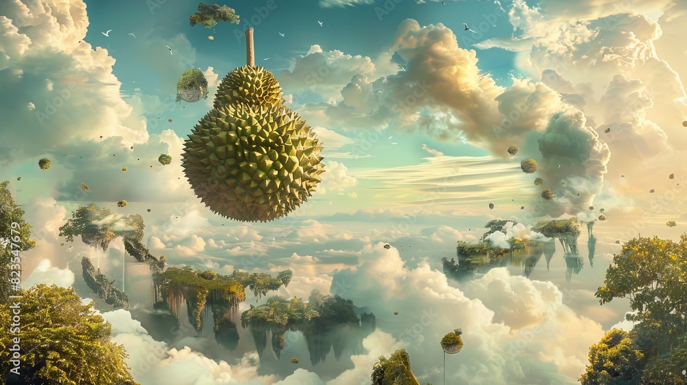 61. Surrealist dreamscapes of a durian floating in a surreal landscape ...
