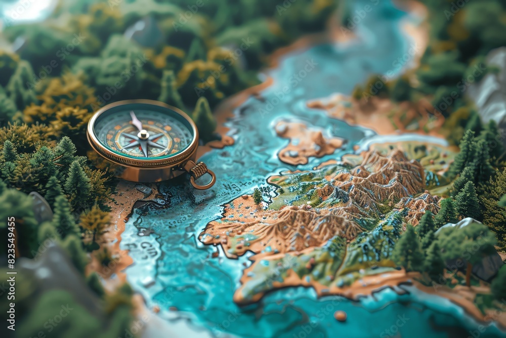 A beautiful fantasy map with a compass. The map is made of wood and the ...