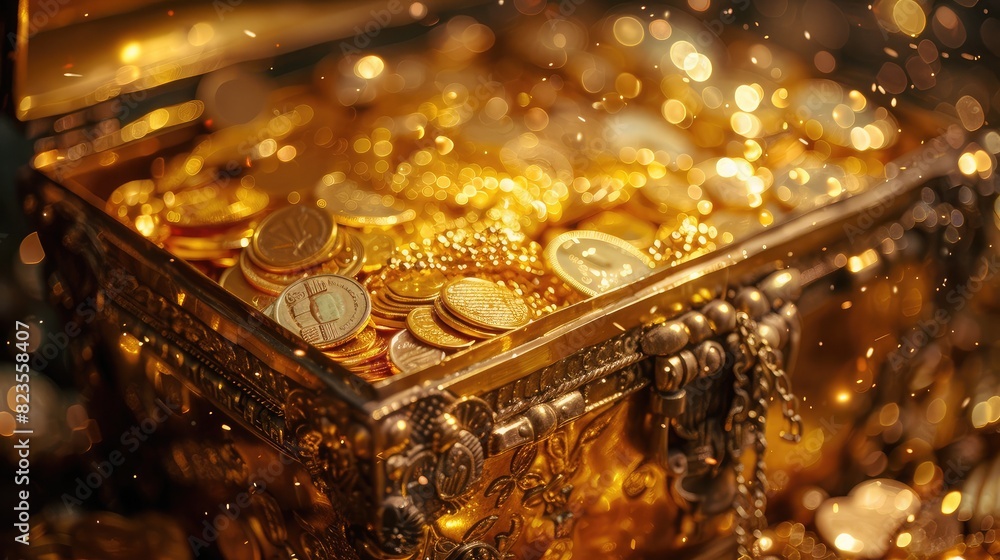 luxurious golden treasure chest overflowing with shimmering gold coins ...