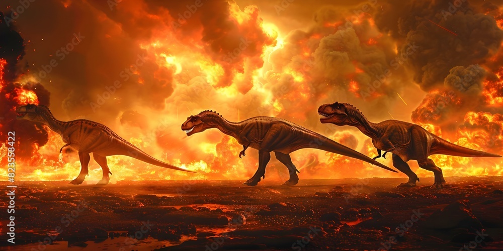Three dinosaurs walking under fiery sky creating dramatic apocalyptic ...
