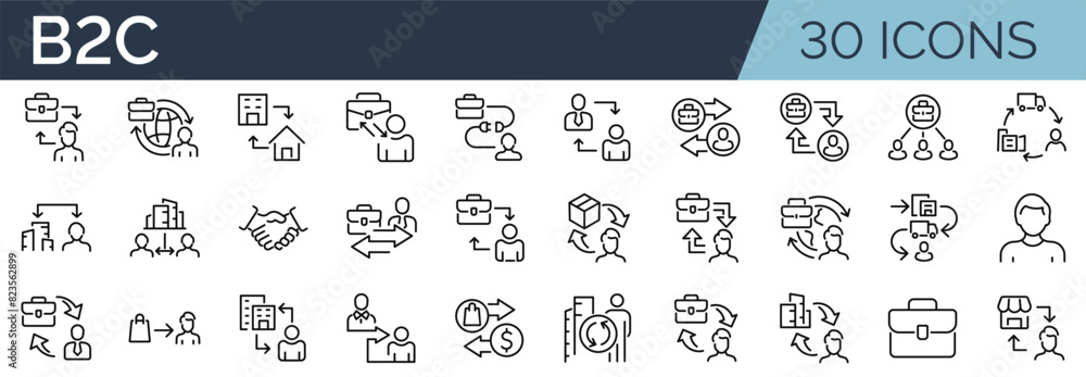 Set of 30 outline icons related to Business-to-consumer, b2c. Linear ...