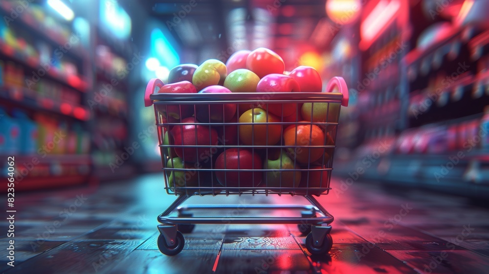 A shopping basket, a shopping cart selling groceries at the supermarket ...