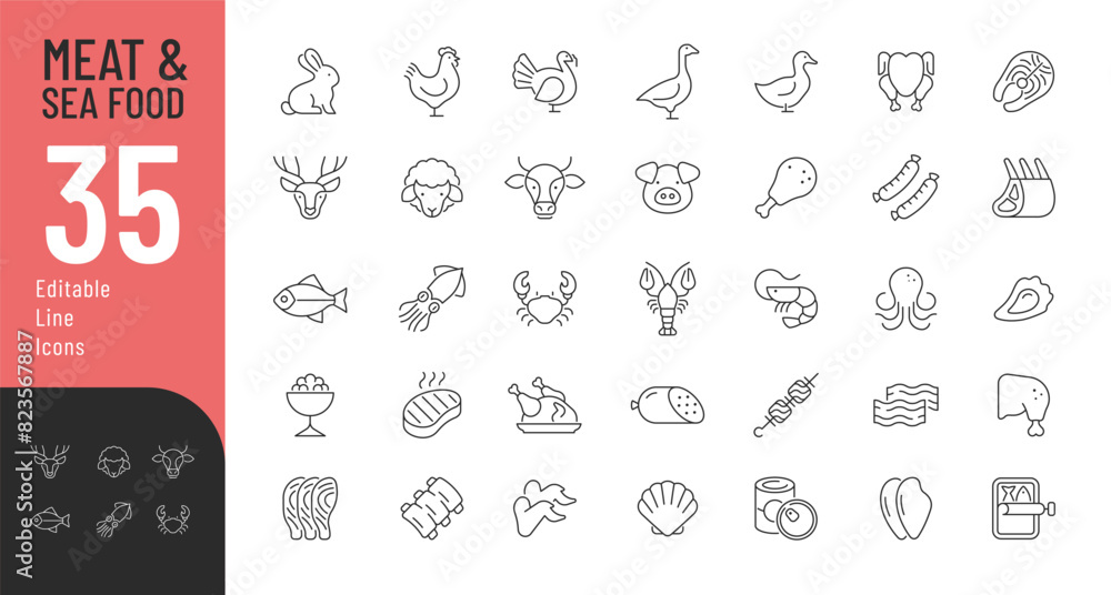 Meat and Seafood Editable Icons set. Vector illustration in modern thin ...