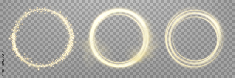 Gold magic glowing rings. Neon realistic energy flare halo ring ...
