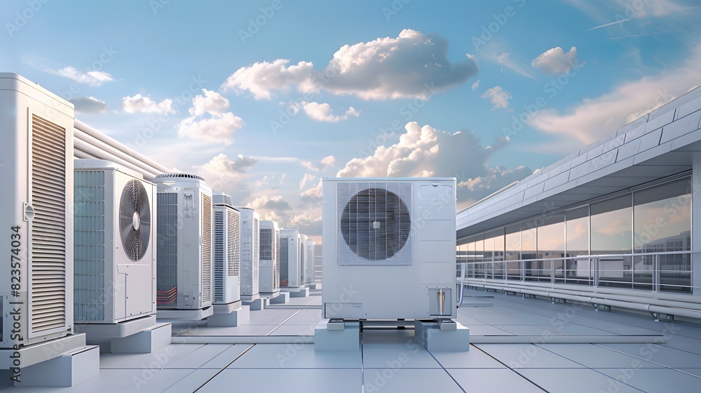 Artistic representation of air conditioner systems on the roof, with a ...