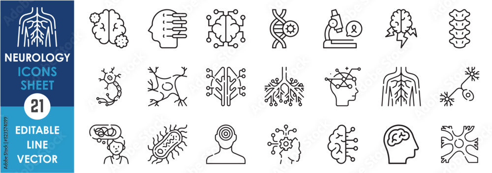 A set of line icons related to neurology. Brain, intelligence, nerves ...