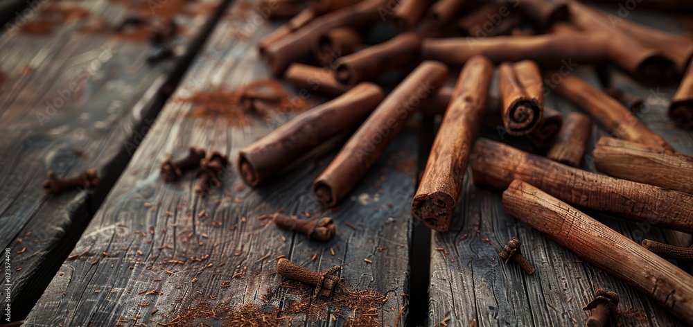 An expansive view of cinnamon sticks scattered on rustic wooden surface ...