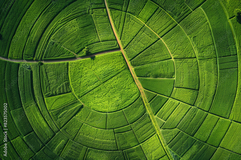 Aerial view of circular crop patterns created by center-pivot ...
