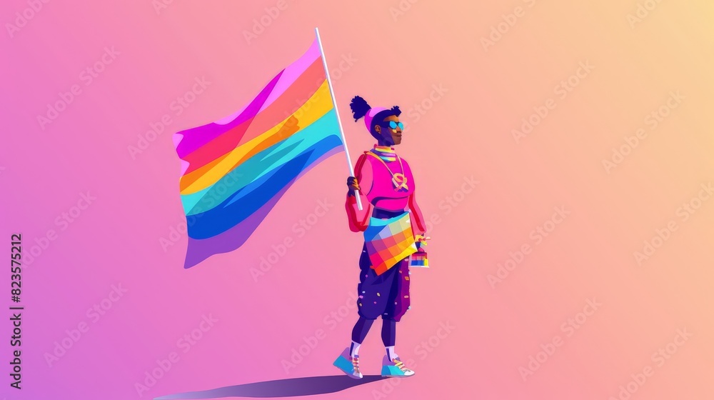 A 2D flat style character at a pride event, dressed in colorful attire ...