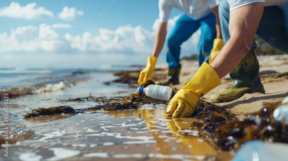 Foto de Volunteers cleaning the beach. Tidying up rubbish on beach. Oil ...