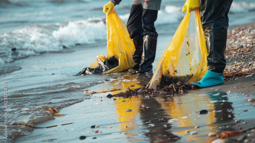 Volunteers cleaning the beach. Tidying up rubbish on beach. Oil stains ...