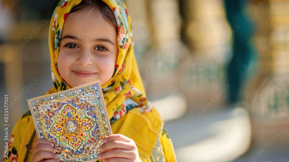 Young Girl Holding Eid Card, Eid feast, Islamic celebration, Family ...