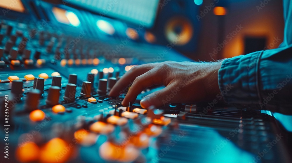 Music producer at a mixing desk in a sound recording studio, close-up ...