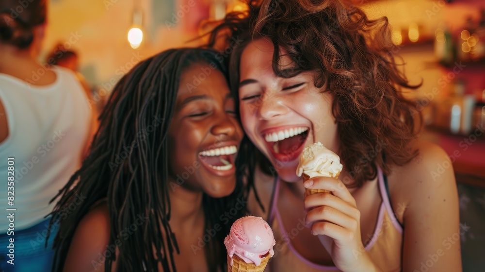 Ice cream, girl pals laughing, and variety and friendship bonding ...