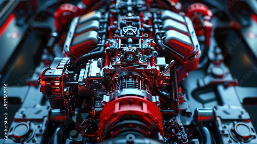 A close up of a V8 engine. The engine is made of metal and has a red ...