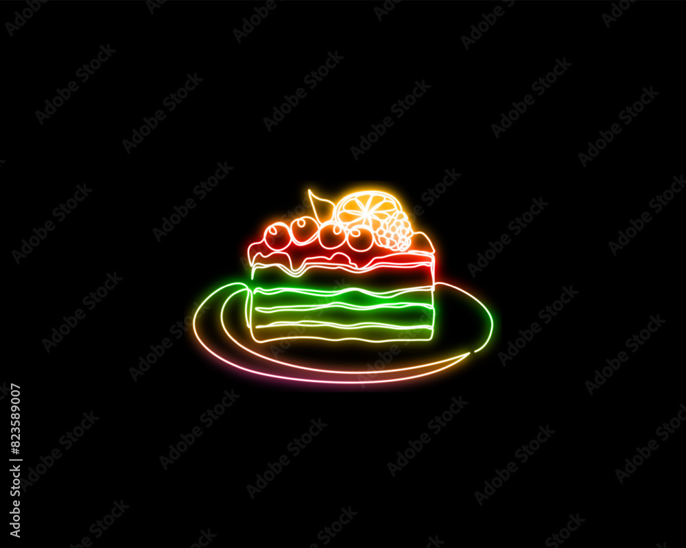 Neon light glow of sliced cake lineart. Continuous one line drawing of ...
